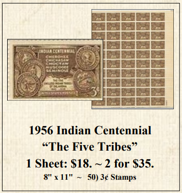 1956 Indian Centennial “The Five Tribes” Stamp Sheet | Palm Island